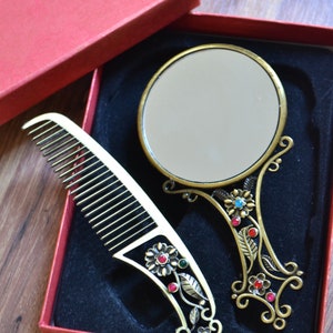 Authentic Hand Mirror and Comb Set, Fancy Metallic Mirror, Makeup ...