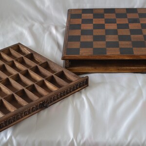 Wooden Chess Box With Drawer and Chess Board, Walnut Wood Hand Carved ...