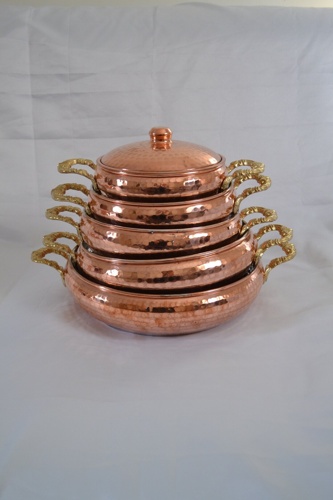 Set Of 5 Copper Cooking Pots With Lid Hammered Brass Handled Copper