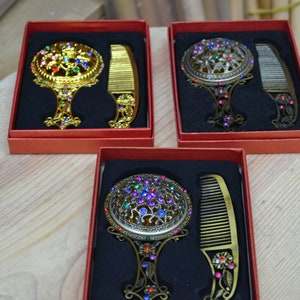 Authentic Hand Mirror and Comb Set, Fancy Metallic Mirror, Makeup ...