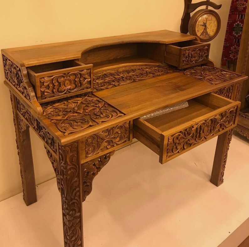 Piano Model Study Table, Hand Carved Walnut Desk With Drawers, Turkish ...