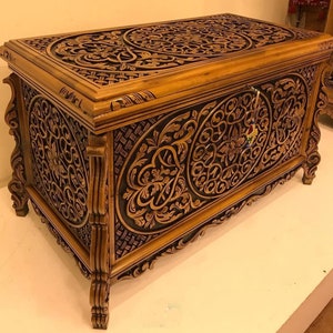 Walnut Wood Trunk Coffee Table, Hand Carved Turkish Traditional Storage ...