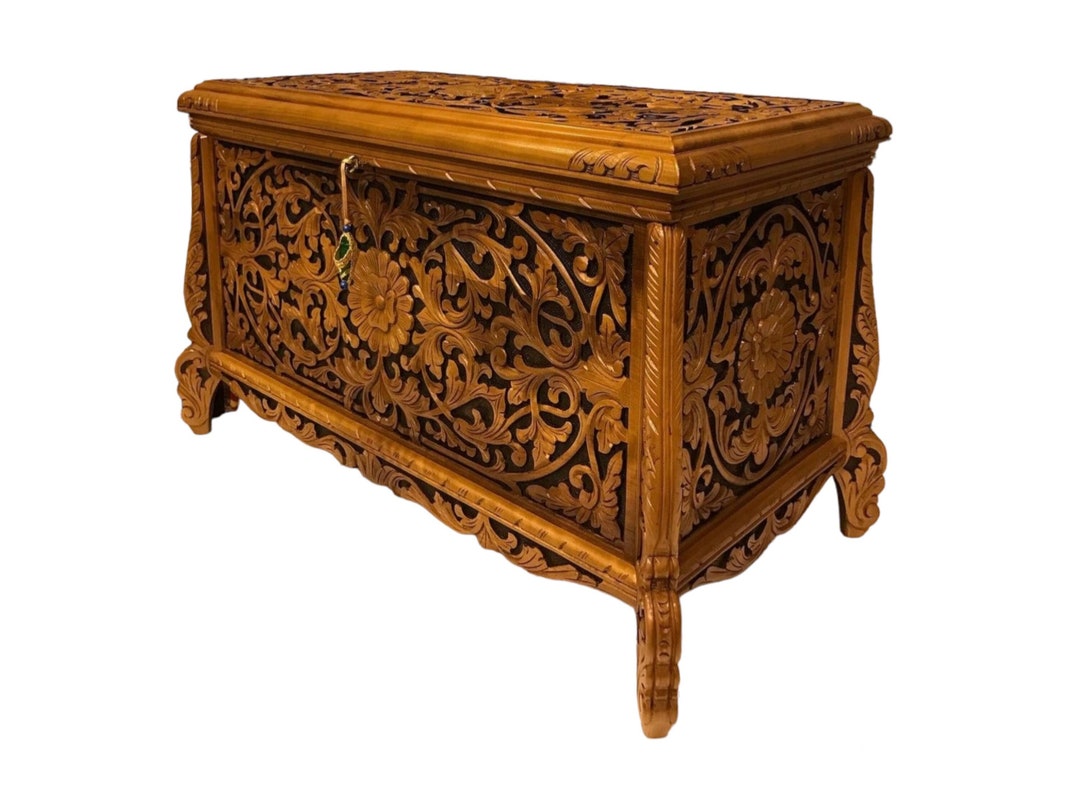 Ottoman Hand Carved Storage Chest, Walnut Wood Turkish Traditional ...