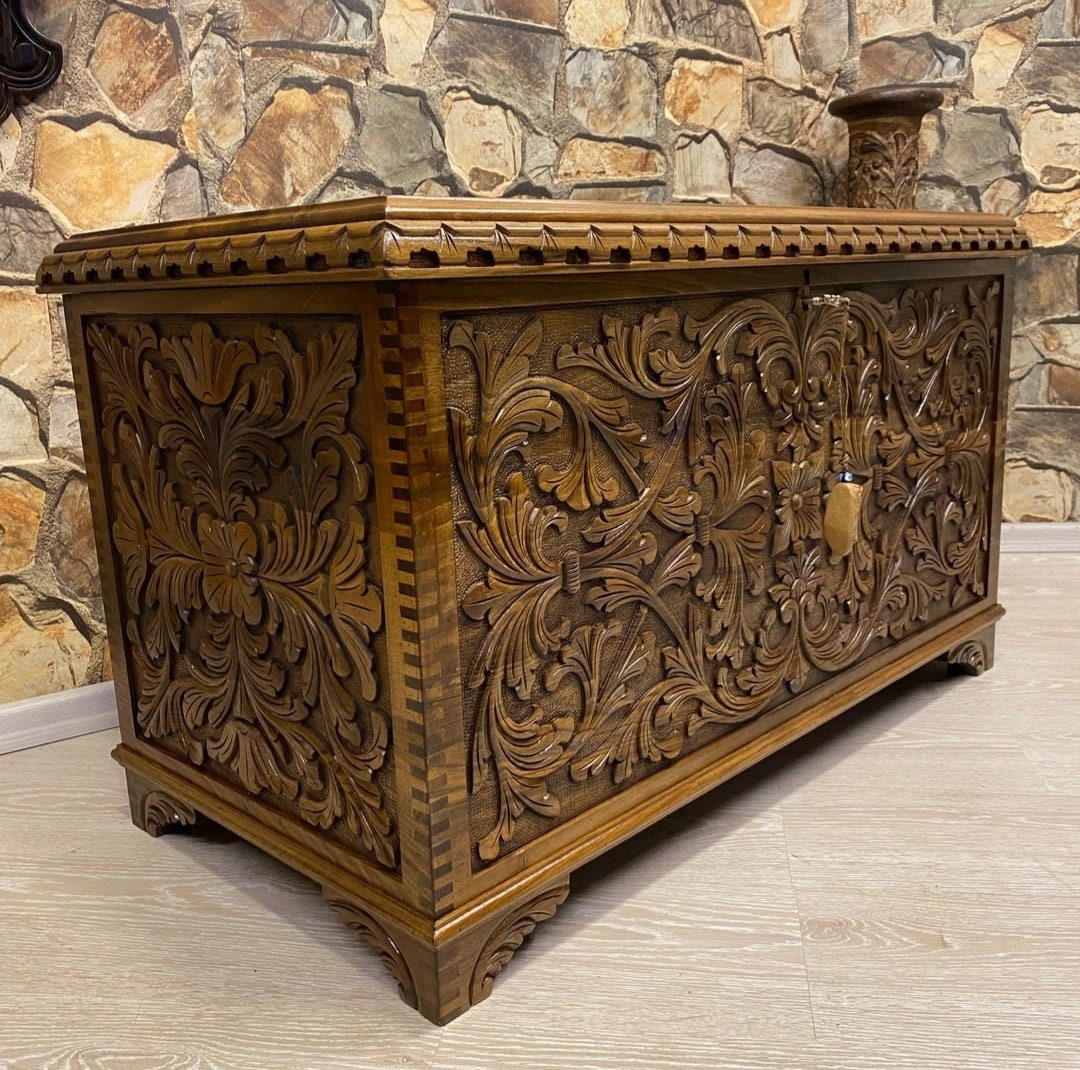 Walnut Wood Trunk Coffee Table, Turkish Traditional Hand Carved Wooden ...