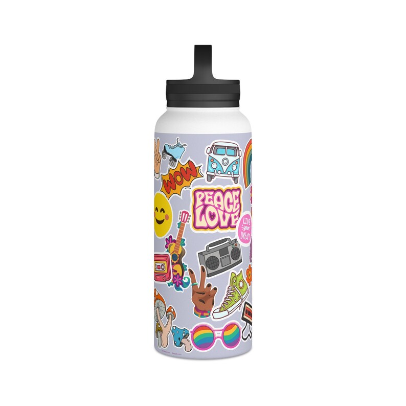 Sticker Collage Water Bottle, Water Bottle With Stickers, Retro Theme ...