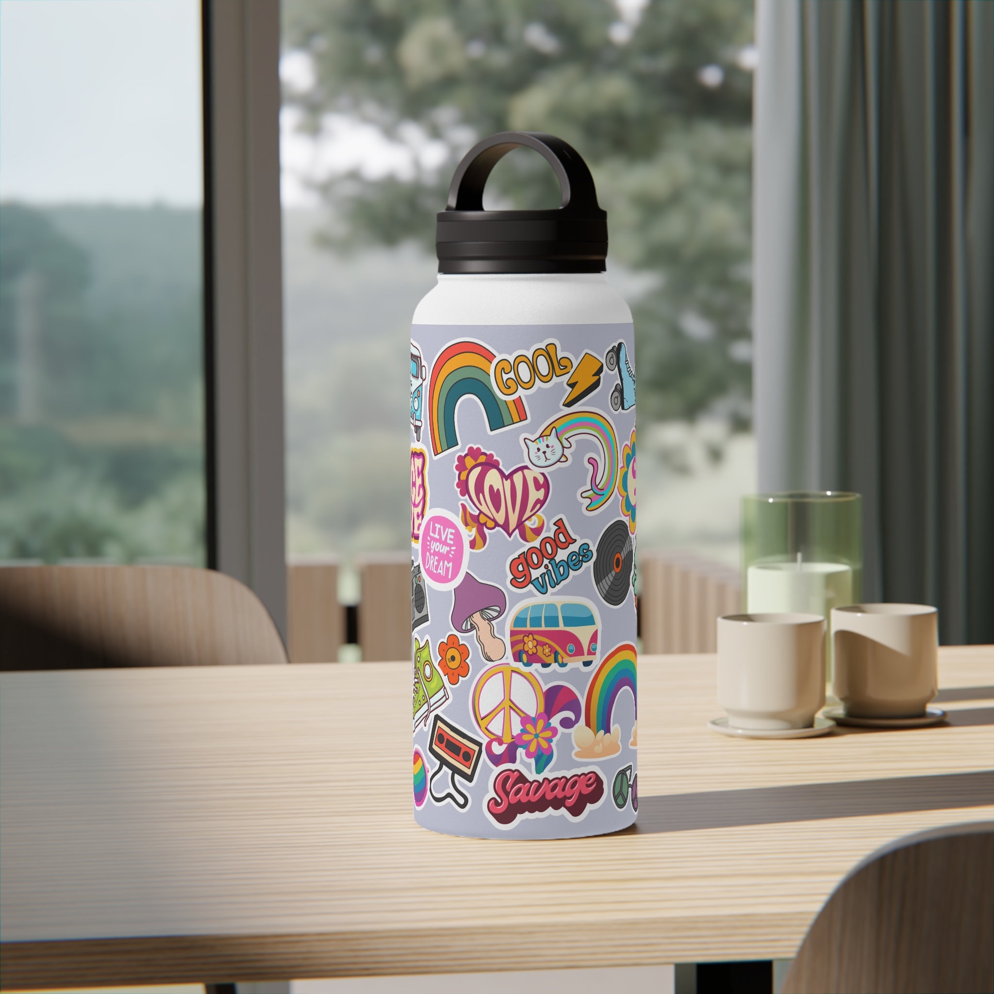 Sticker Collage Water Bottle, Water Bottle With Stickers, Retro Theme ...