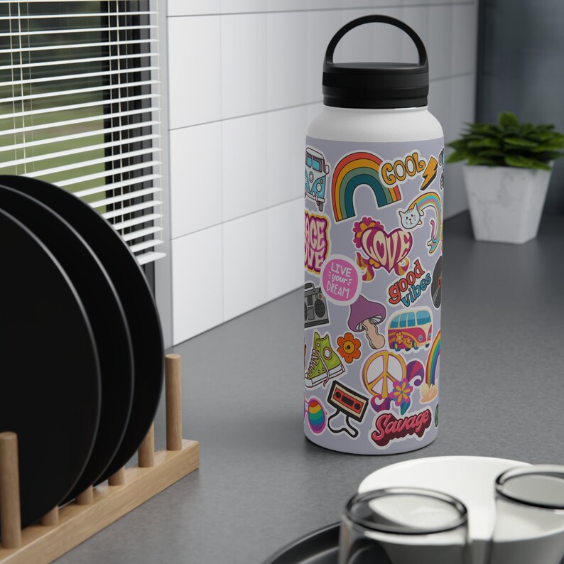 Sticker Collage Water Bottle, Water Bottle With Stickers, Retro Theme ...