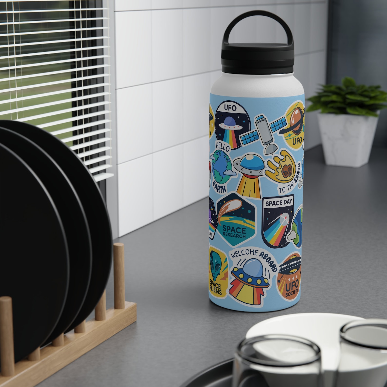 Sticker Collage Water Bottle, Water Bottle With Stickers, Space Theme ...