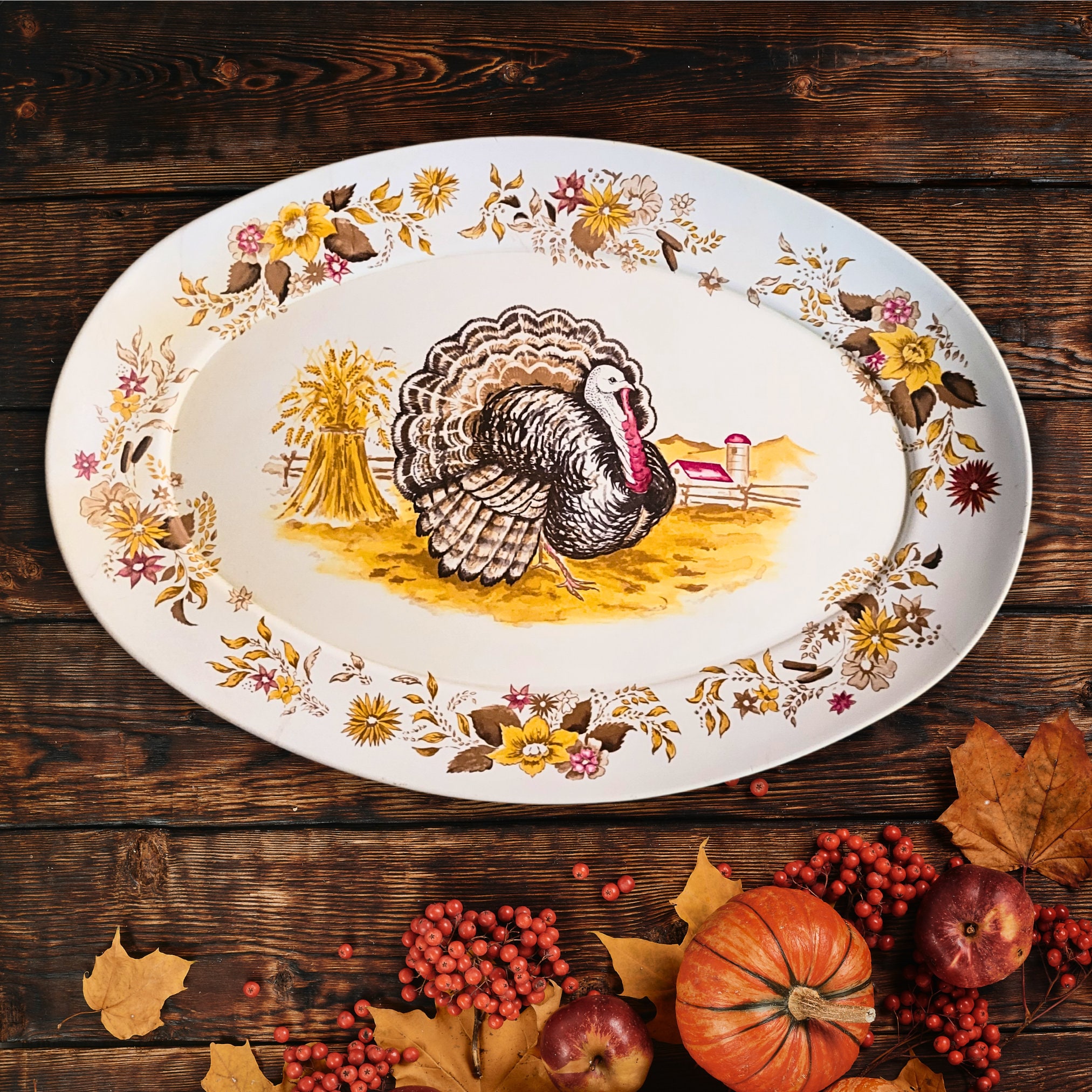 Vintage Melmac Turkey Platter, Large Brown, Gold, & Coral Turkey Platter With Farm Scene Design ...