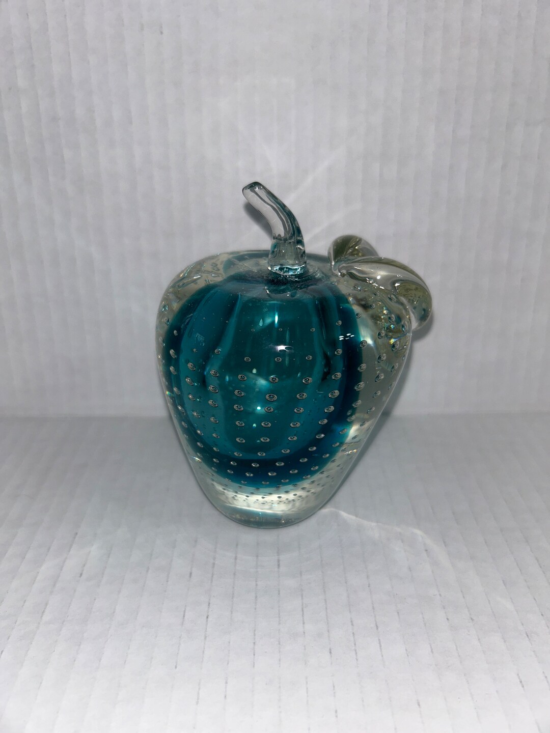 Vintage Art Glass Paperweight Blue Apple Stem Leaf Controlled Bubbles ...