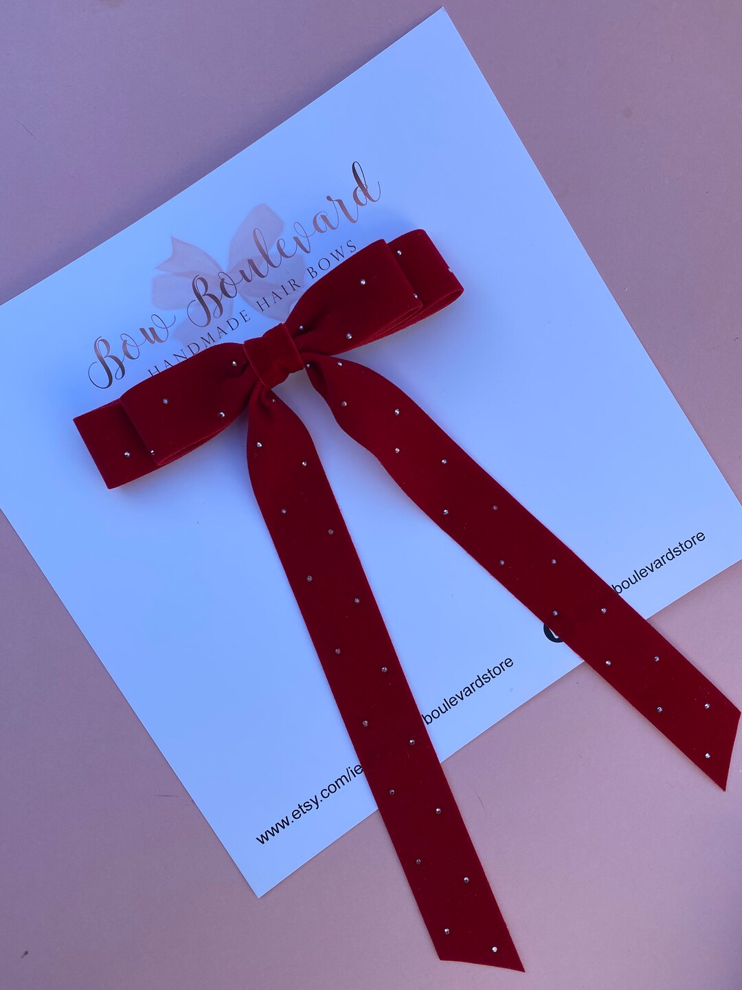 Luxe Deep Red Velvet Bow With Silver Stud Detail - Narrow/thin Bow - Etsy