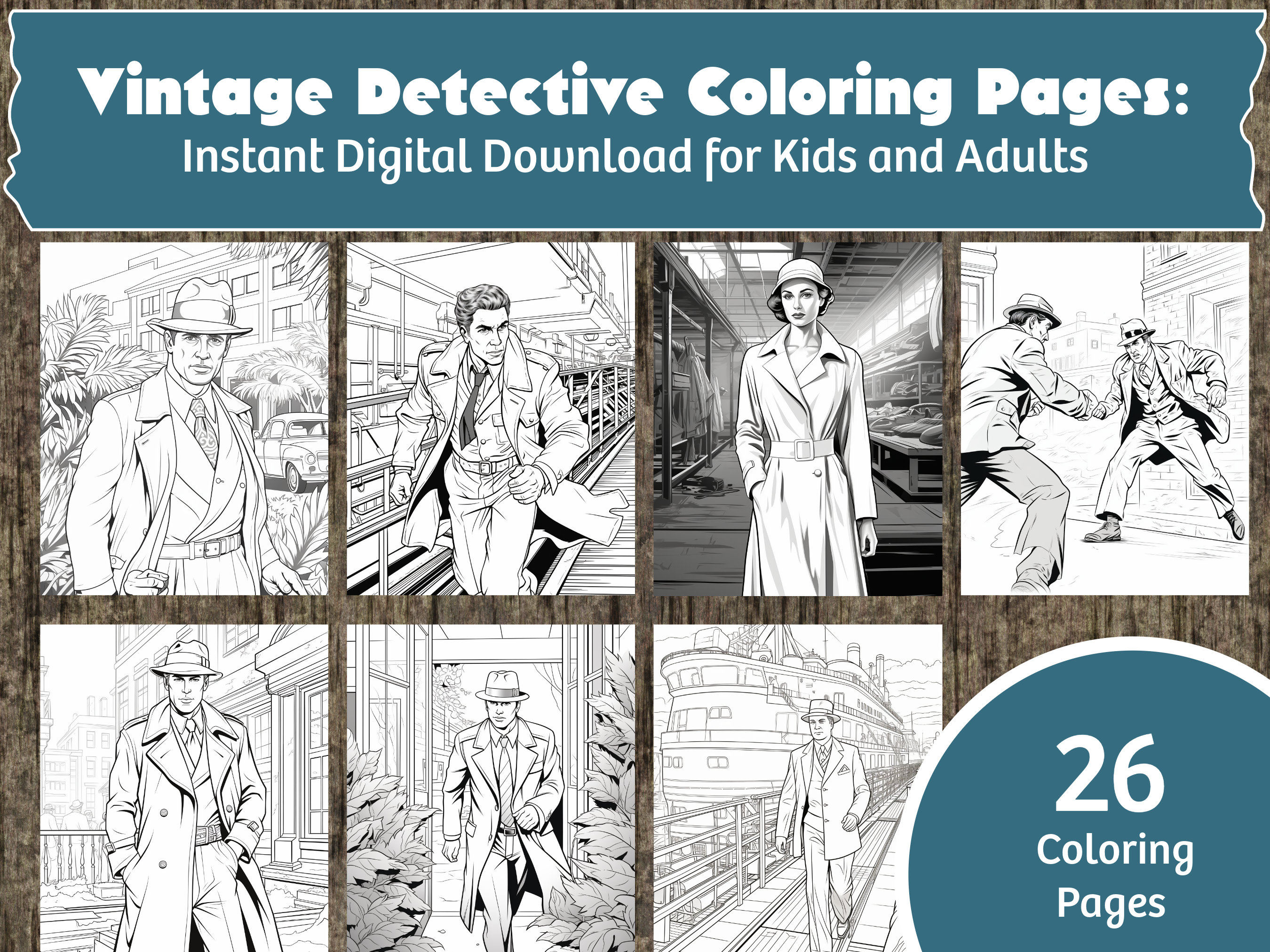 Vintage Detective Coloring Pages: Instant Digital Download for Kids and ...