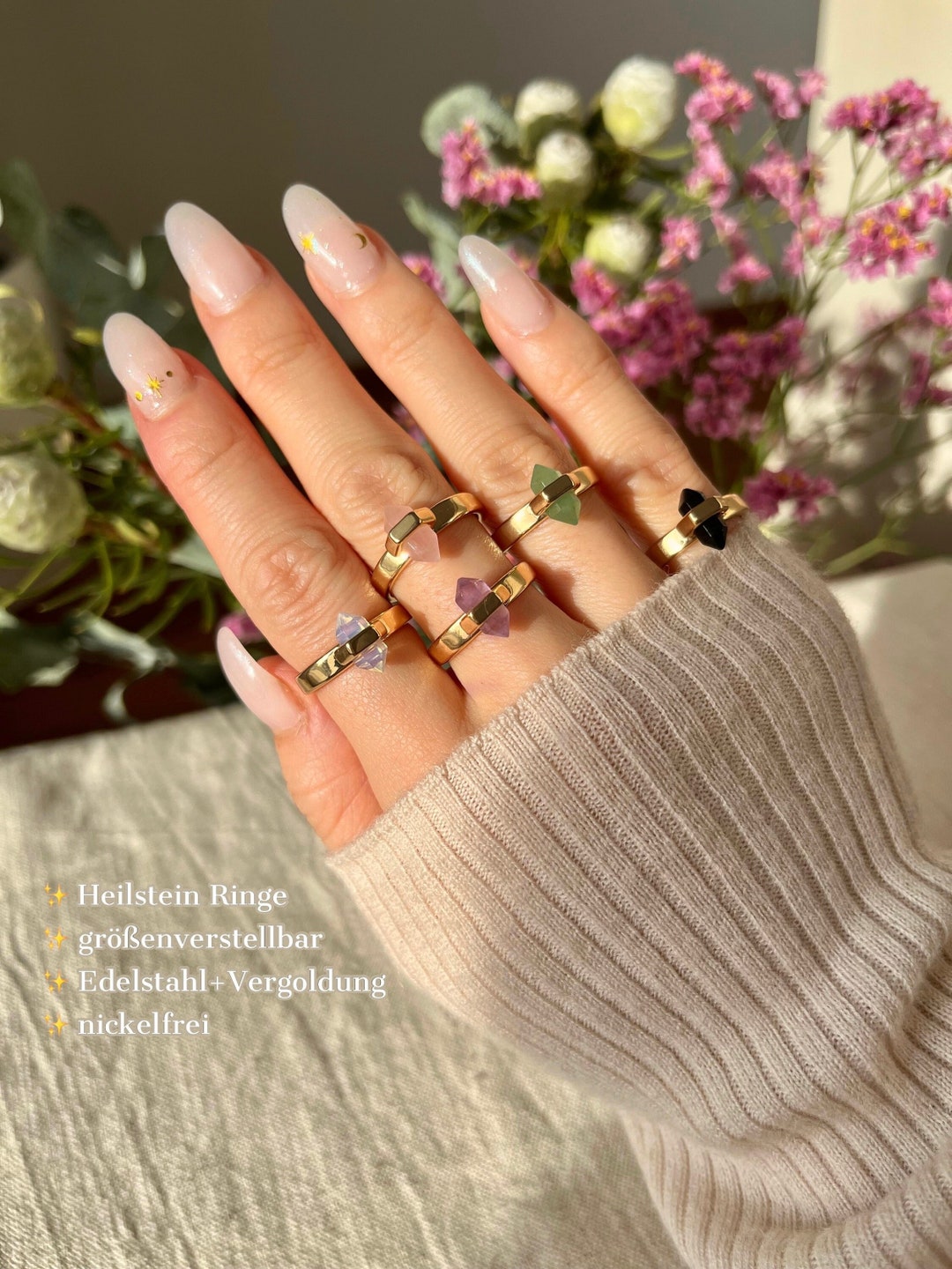 Healing Stone Stainless Steel Ring Natural Stone Gemstone Rose Quartz ...