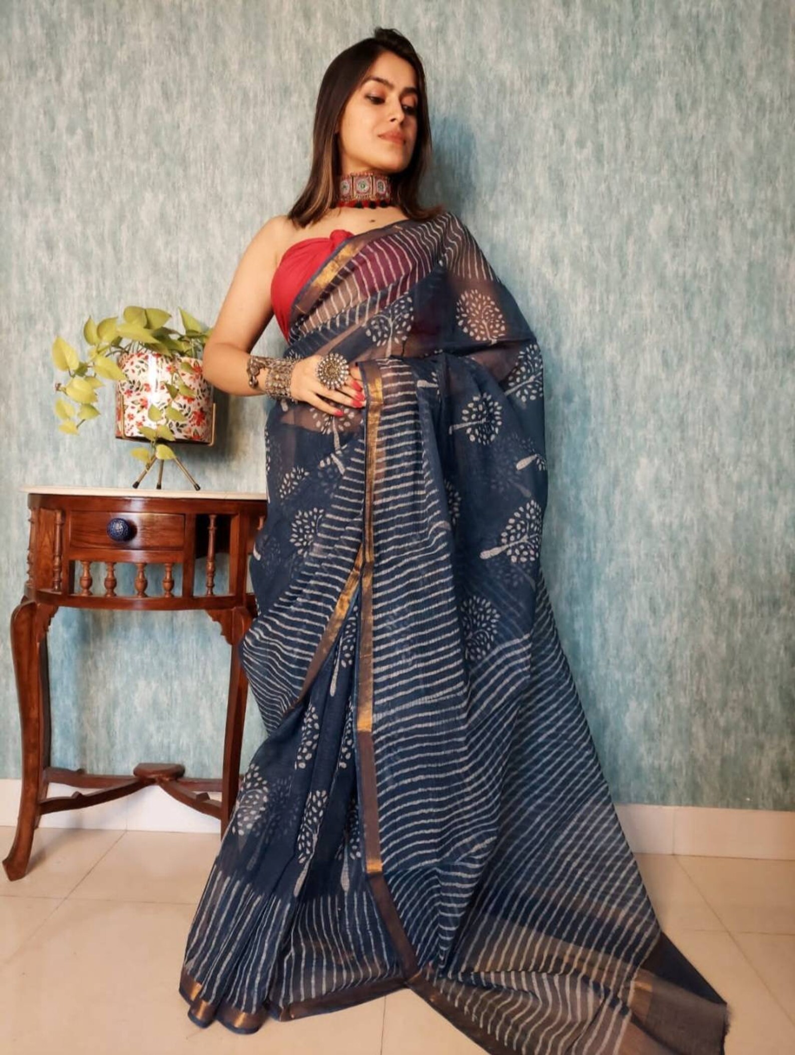 Sale: Ajrakh Print Kota Doria Ultra Lightweight Saree With Hand Block ...