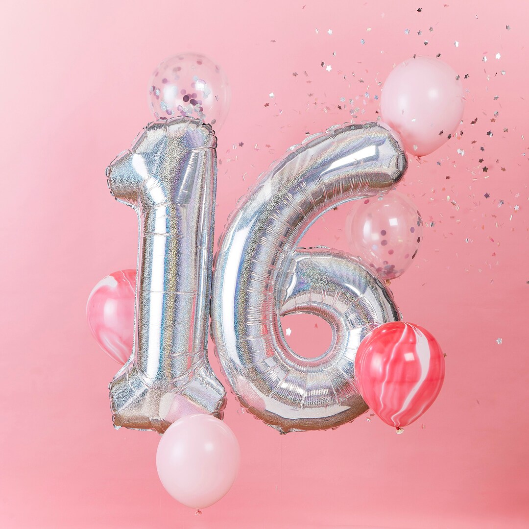 16th Birthday Balloon Bundle: Iridescent 16 Balloon, Age 16 Foil ...