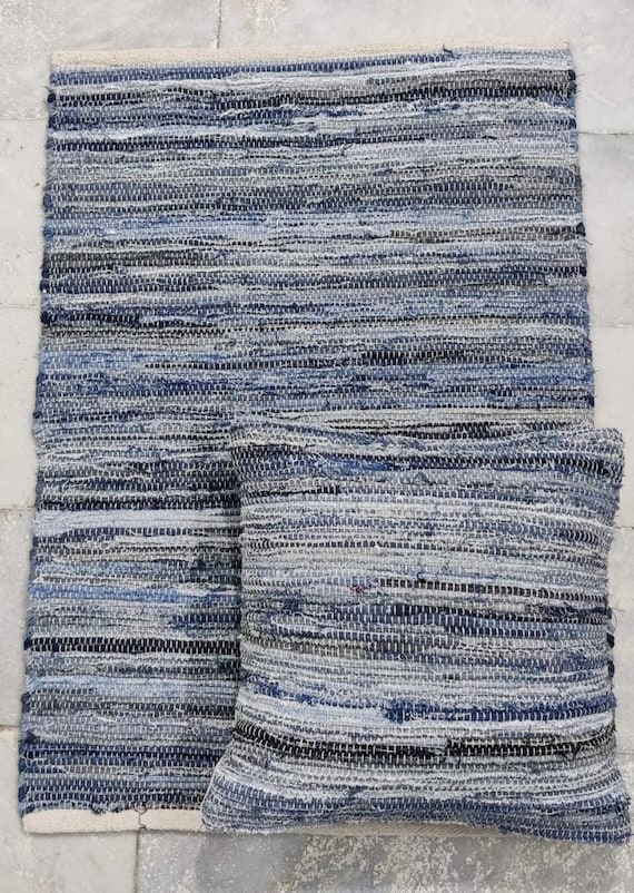 Samundra Denim Chindi Rag Rug and matching Cushion Cover | Etsy