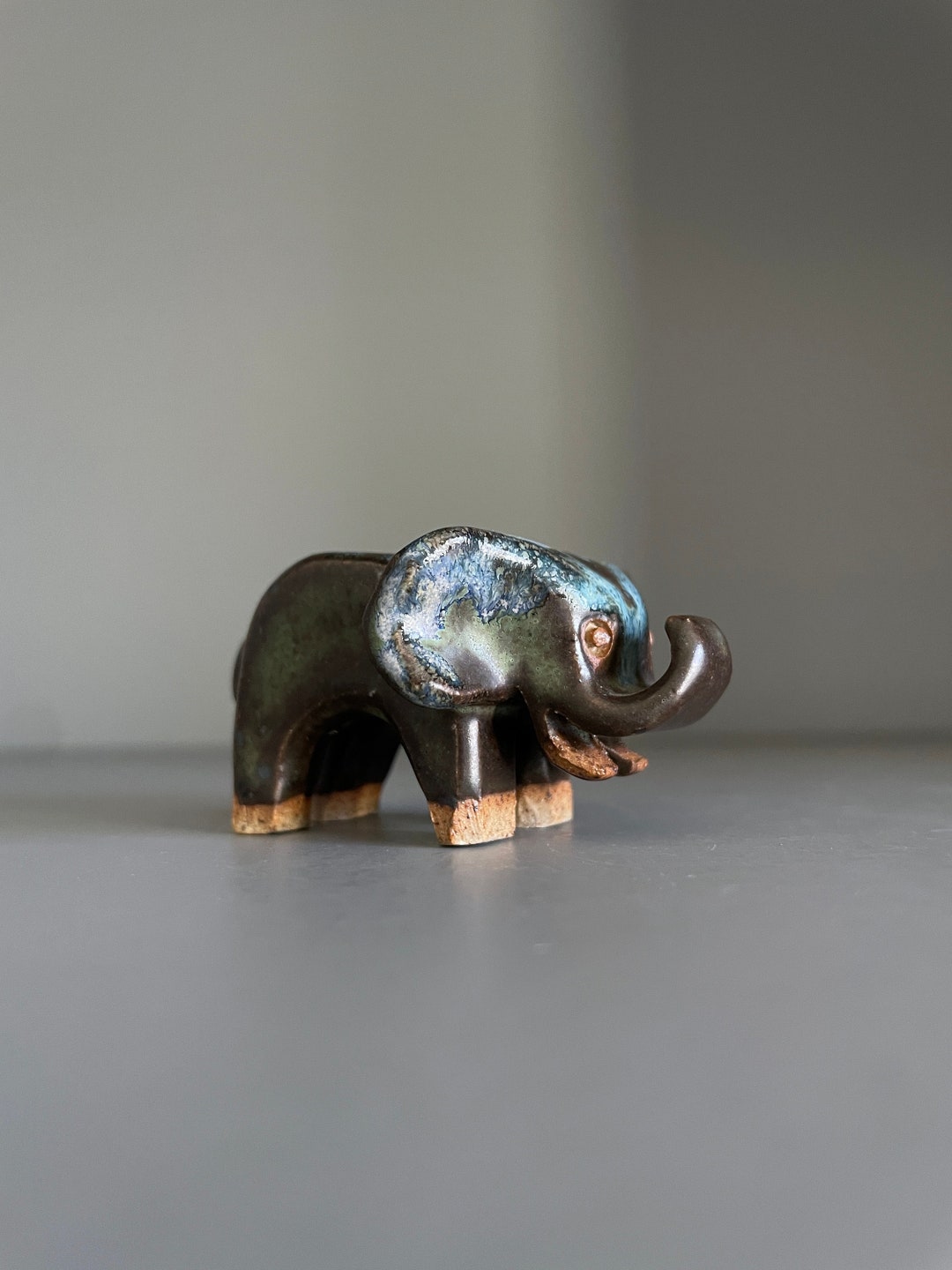 Miniature Stoneware Elephant Ornament, Vintage Stylised Ceramic ...