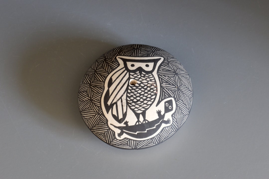Acoma Seed Pot, Hand Painted Monochrome Bird and Lizard by Brenda ...