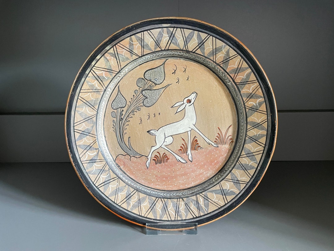 Mexican Pottery Wall Plate, White Deer Pattern Tonala Style, Hand ...