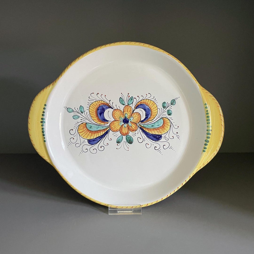 Italian Pottery Cake Plate, Round Serving Plate With Ears, Hand Painted ...