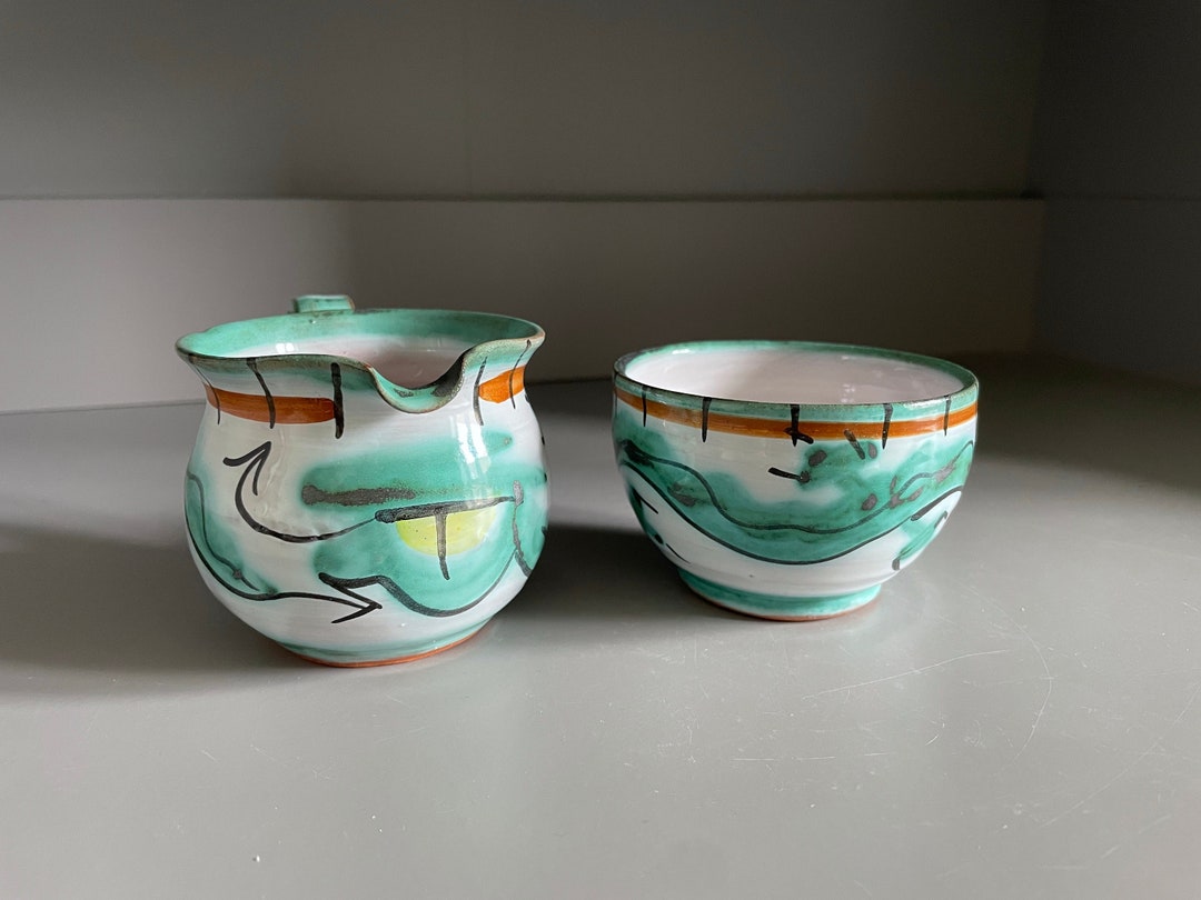 Tintagel Pottery Dragon Sugar Bowl & Creamer Set, Hand Painted Cornish ...