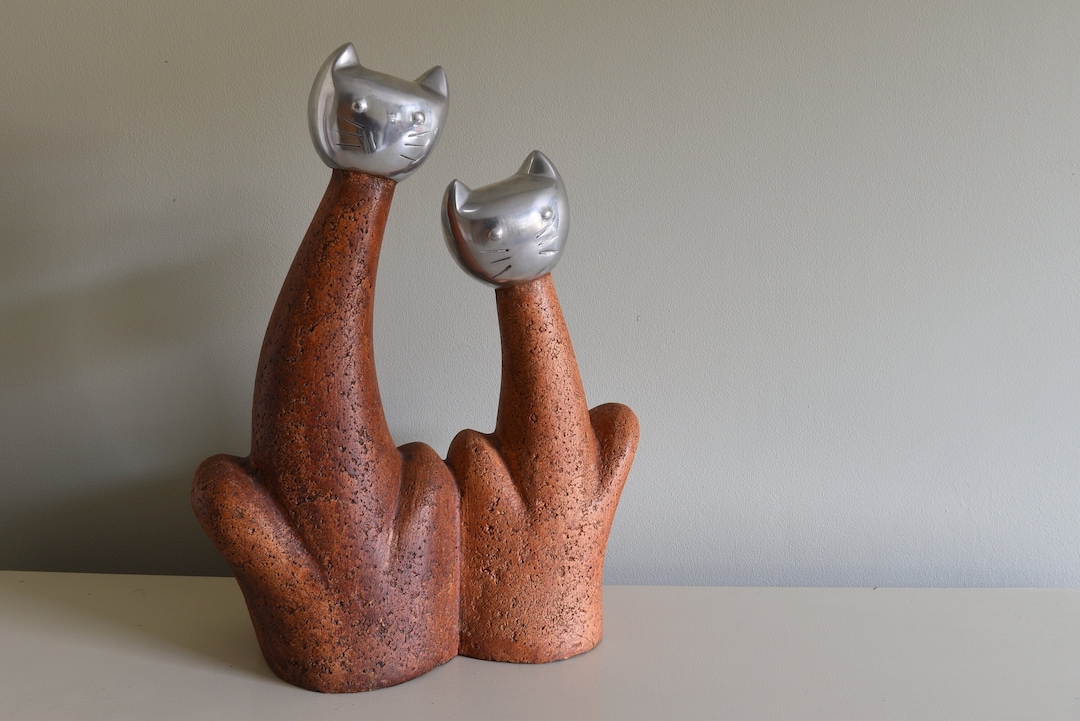 Cats Figurine / Sculpture, Metal Heads Chalk-ware Painted Plaster Body ...