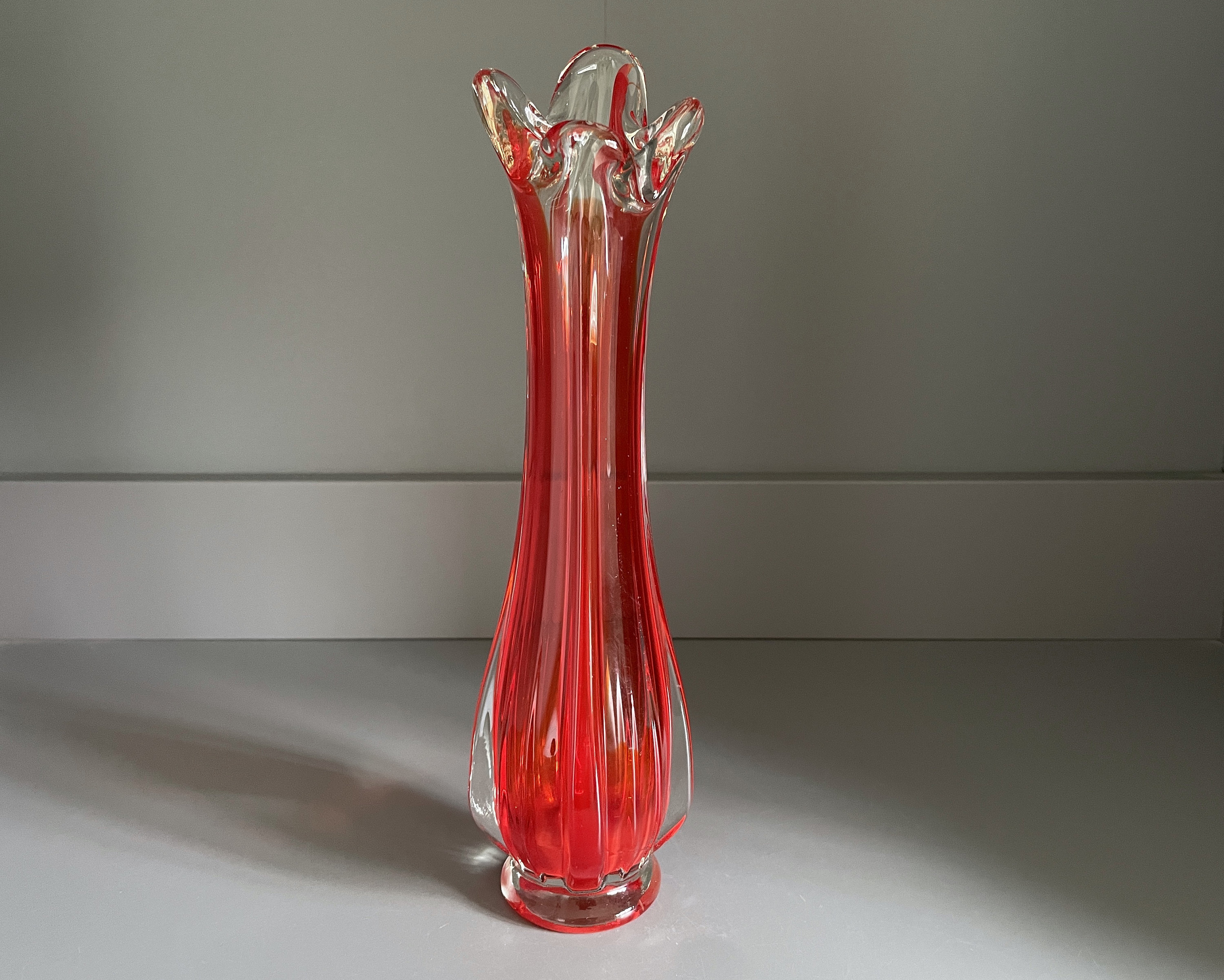 Tall Japanese Glass Vase, Red & Orange Sommerso Swung Vase With Wavy ...