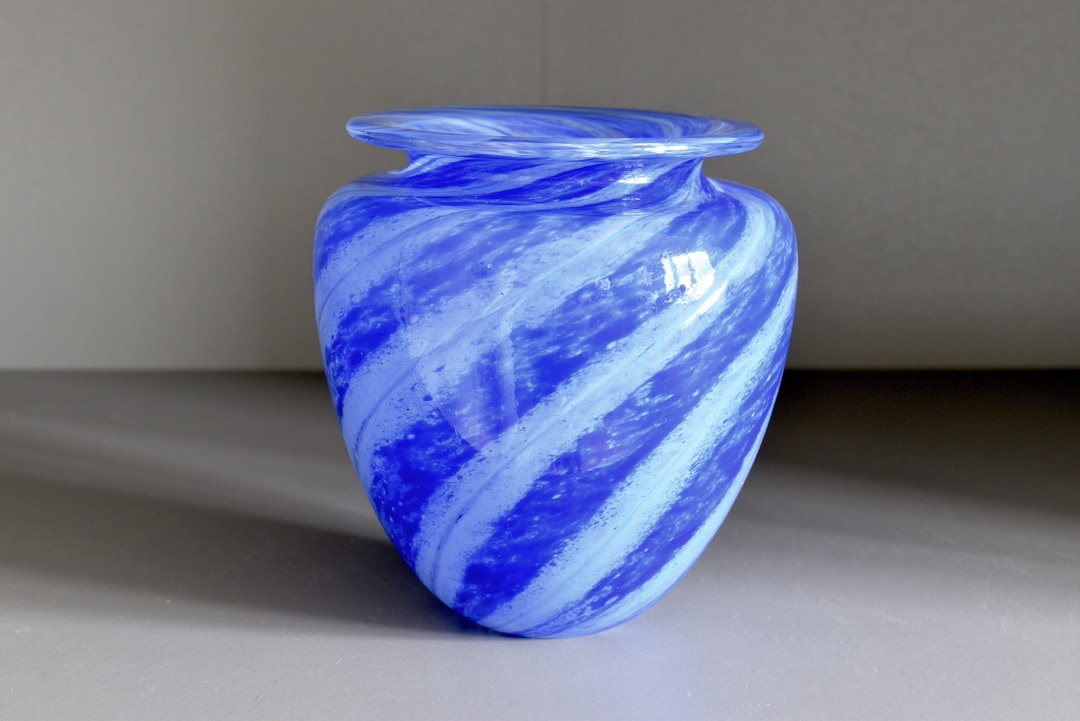 Blue Glass Vase, Swirl / Stripe Art Glass Vase, Tapered Tulip Shape ...