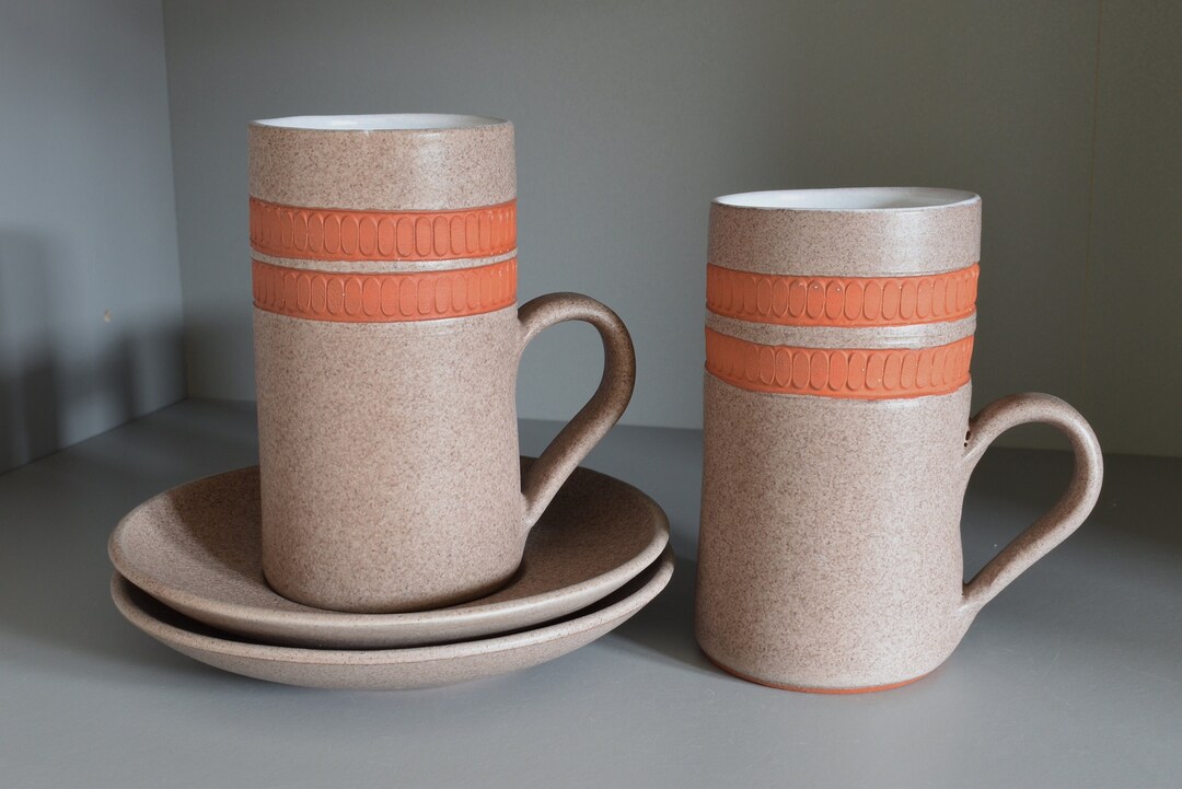 A Pair of the Wellhouse Pottery Tall Coffee Cups & Saucers - 150ml. Set ...
