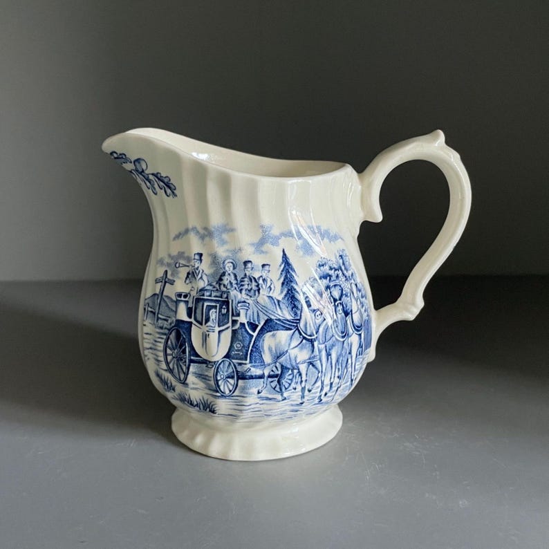 Jarra de crema Myott vintage, de loza azul y blanca con decoración ...