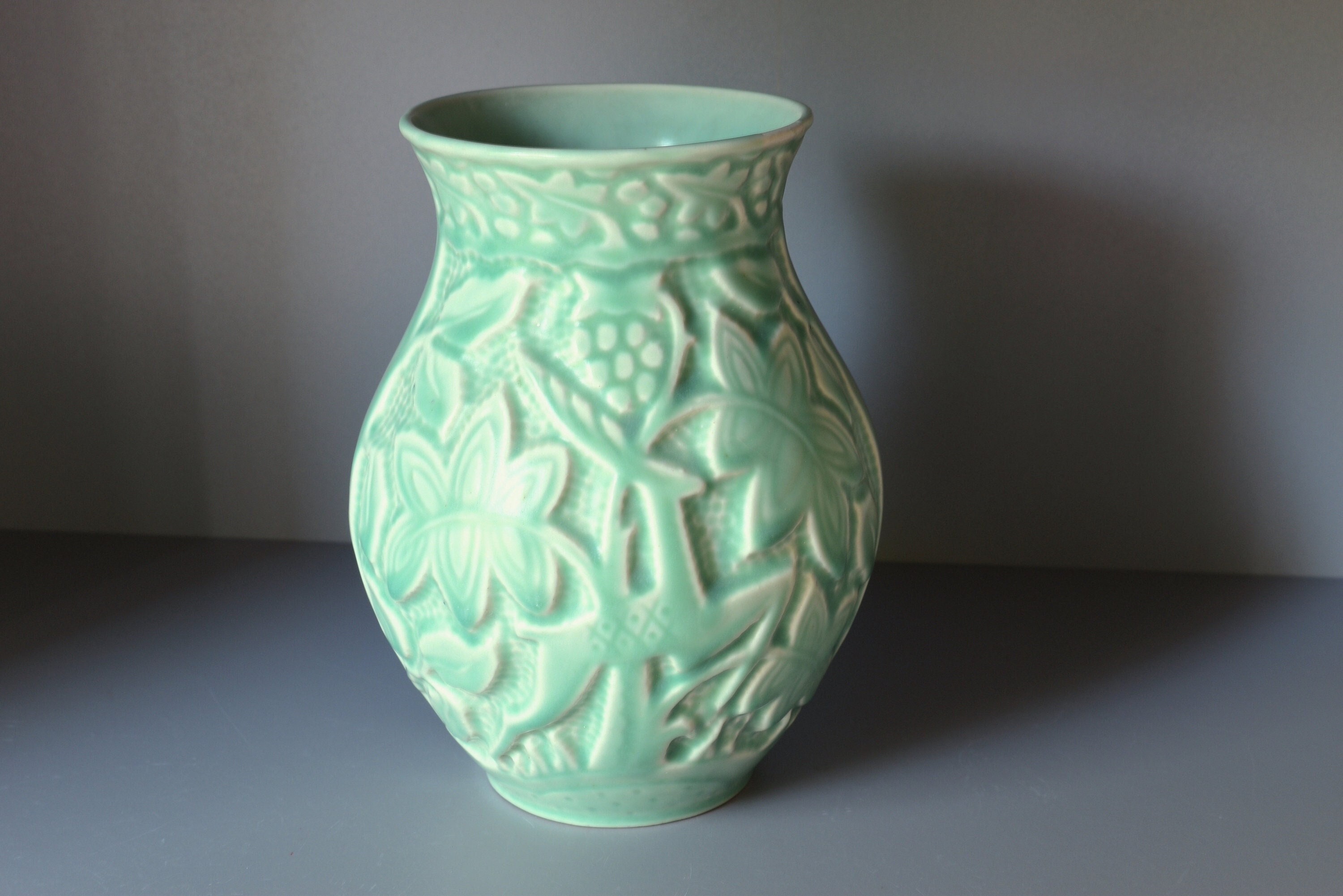 Crown Devon Stag Vase, Fielding's Moulded Embossed Mint Green Vase ...