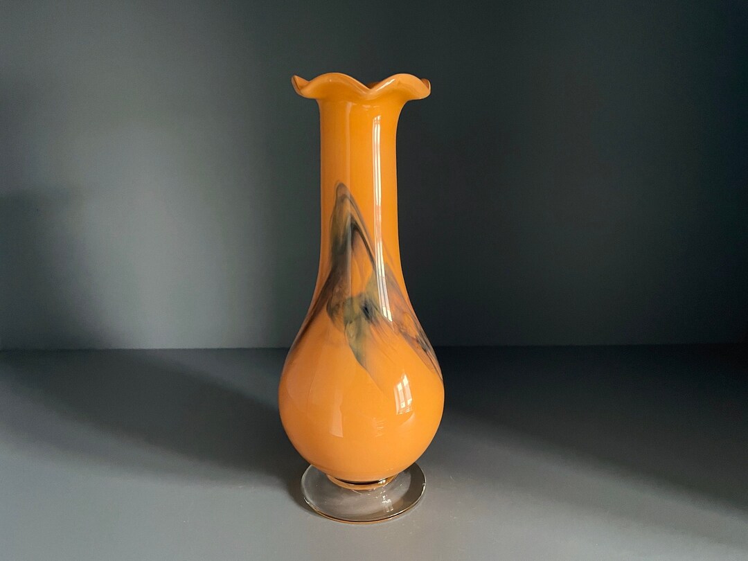 Dalian Glass Co Orange Glass Vase, Long Neck With Crimped Rim and Dark ...