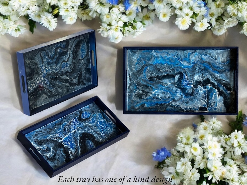 Blue Wood & Epoxy Resin Tray, Handmade Geode Design, 3 Sizes ...