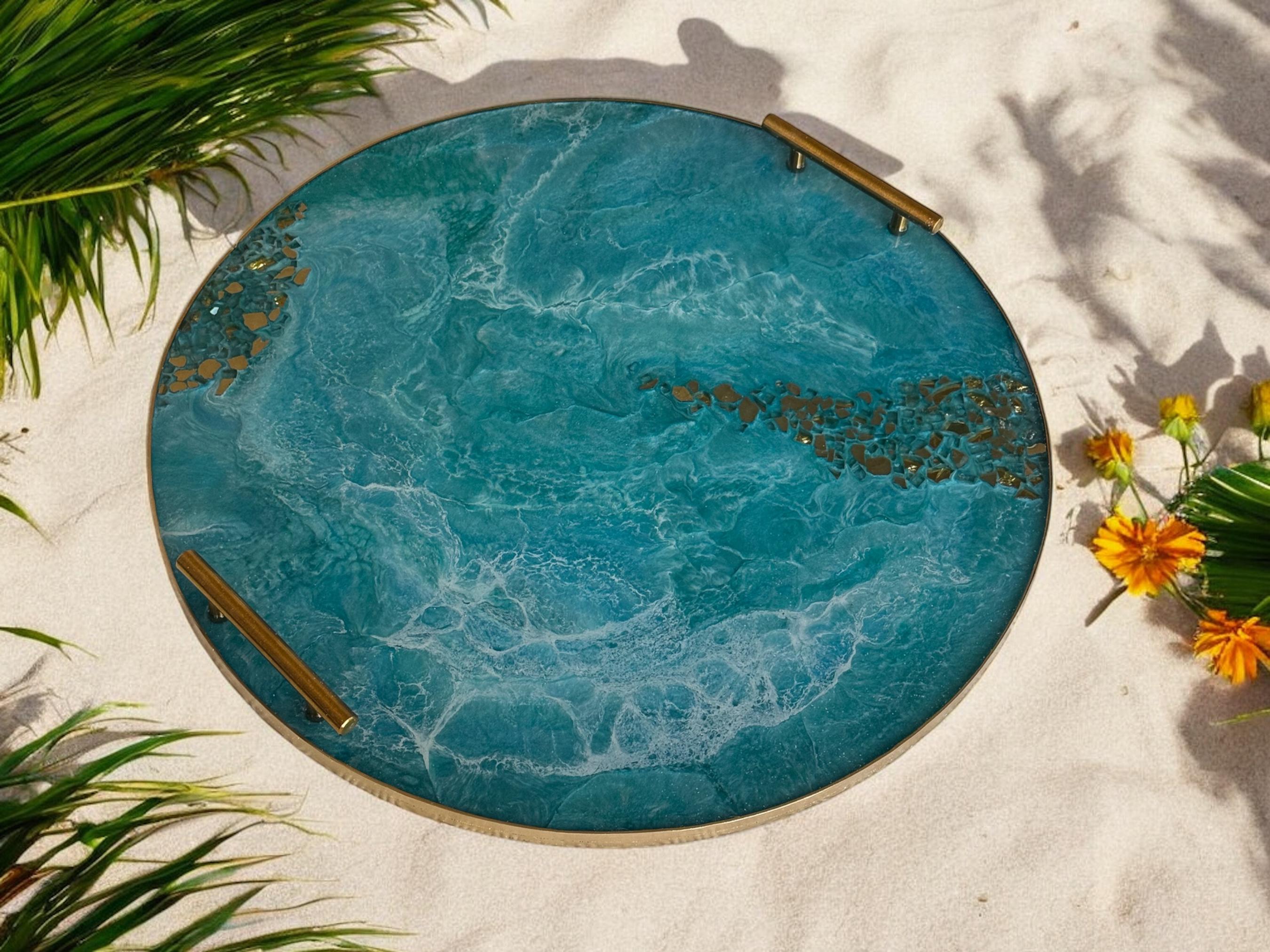 20 Inch Ocean Colors Ottoman Tray Epoxy Resin, Handmade Geode Design ...