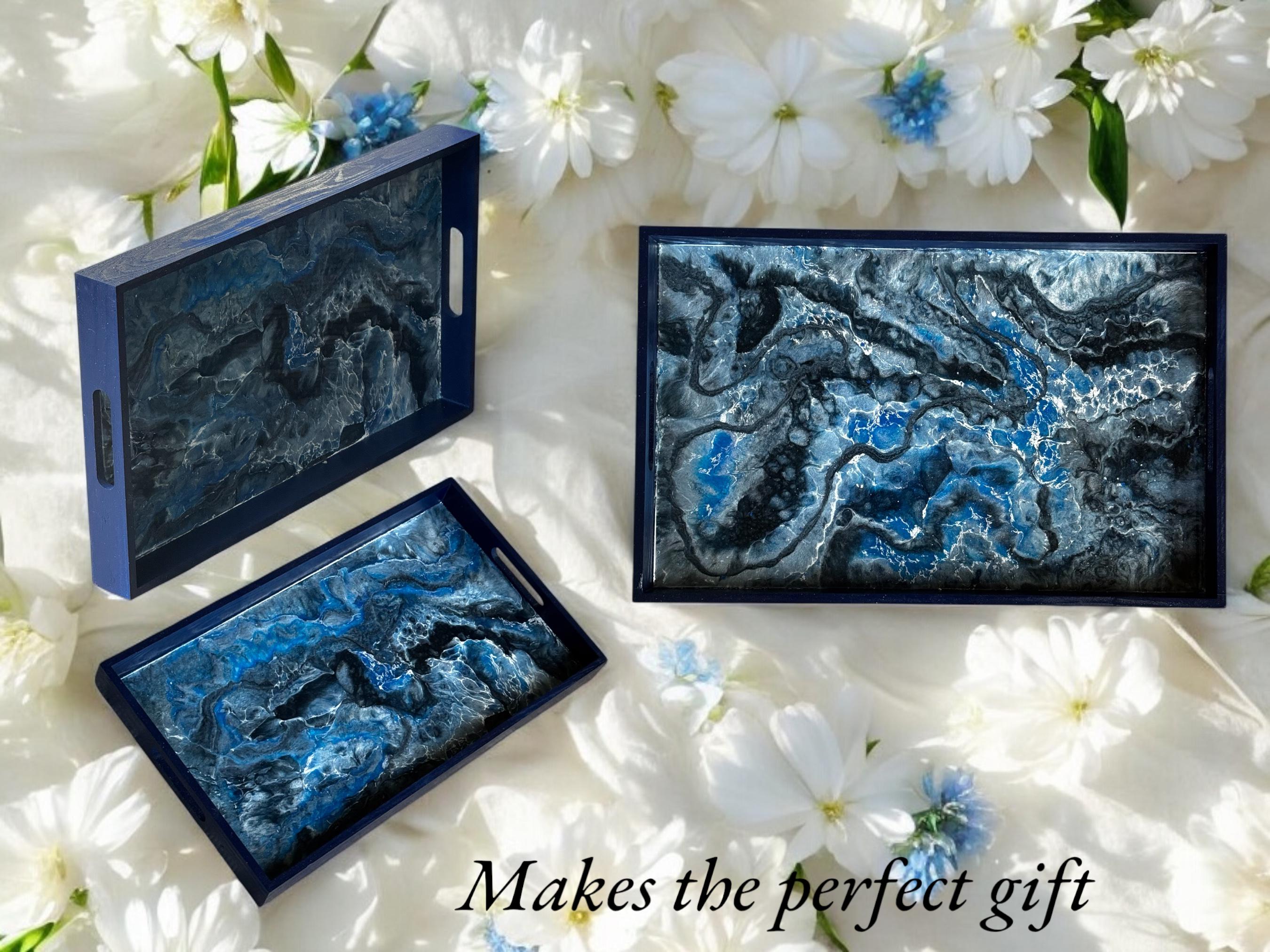 Blue Wood & Epoxy Resin Tray, Handmade Geode Design, 3 Sizes ...