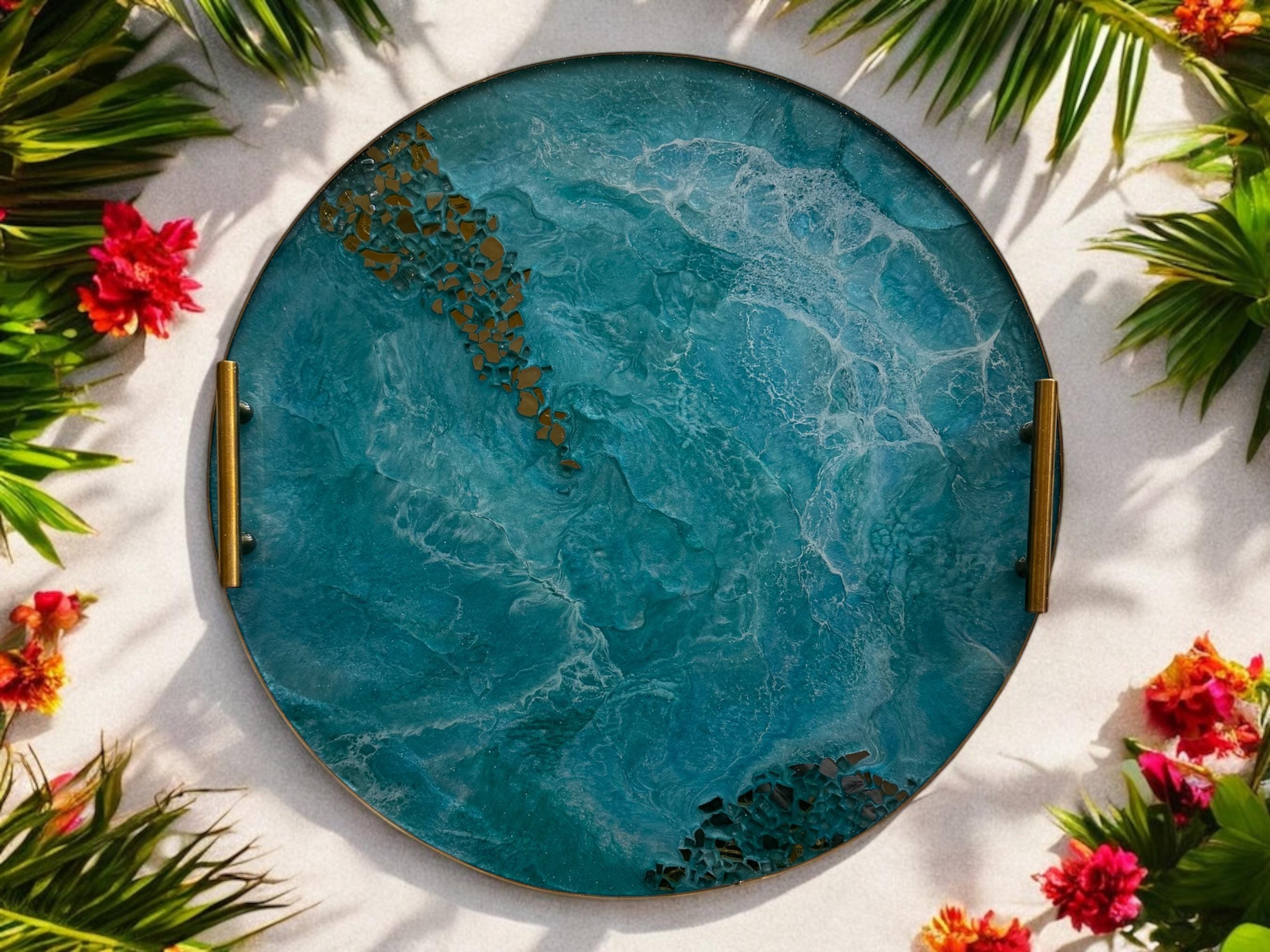 20 Inch Ocean Colors Ottoman Tray Epoxy Resin, Handmade Geode Design ...