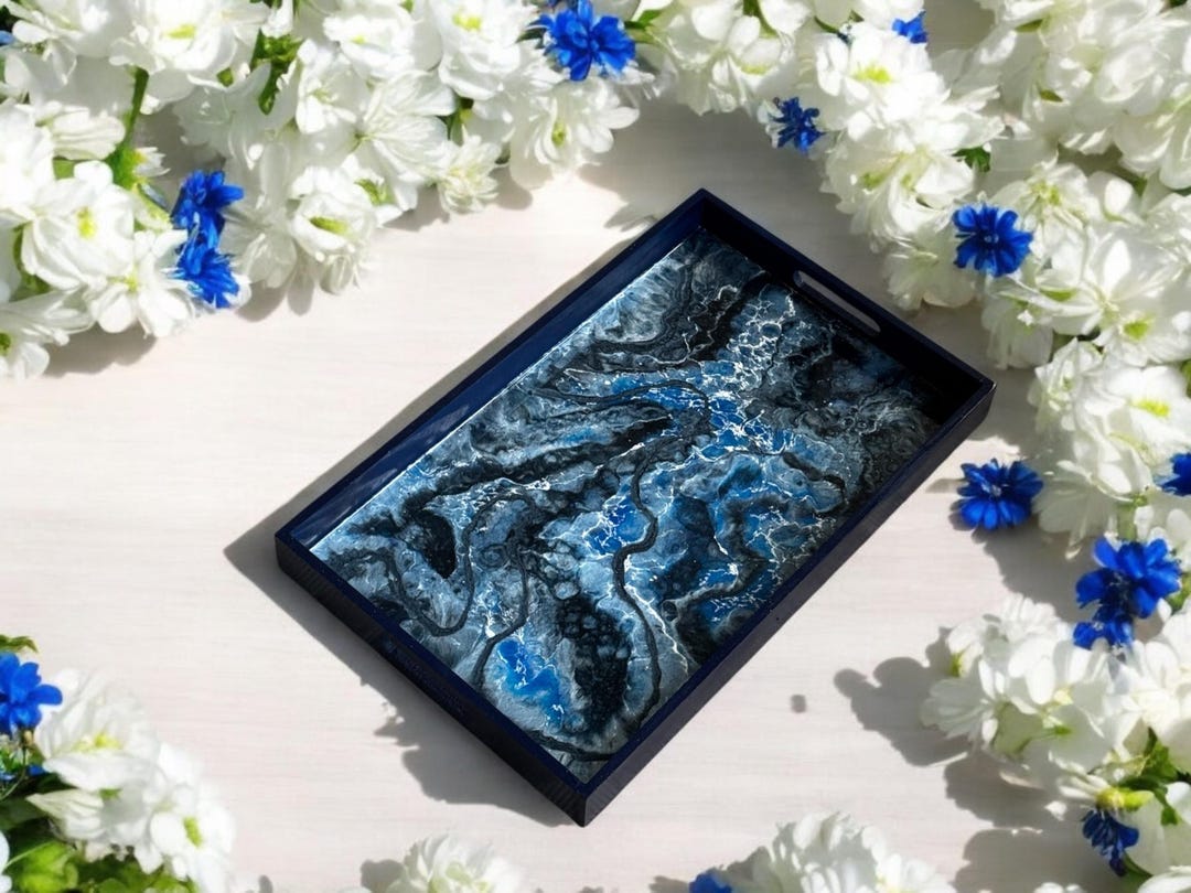 Wood and Epoxy Resin Tray Blue Design, Serving Tray, Tv Tray, One of a ...