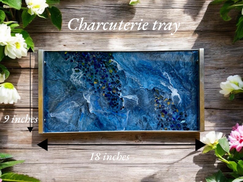 Blue Large Charcuterie Tray, 18x9 Handmade Geode Design Epoxy Resin ...
