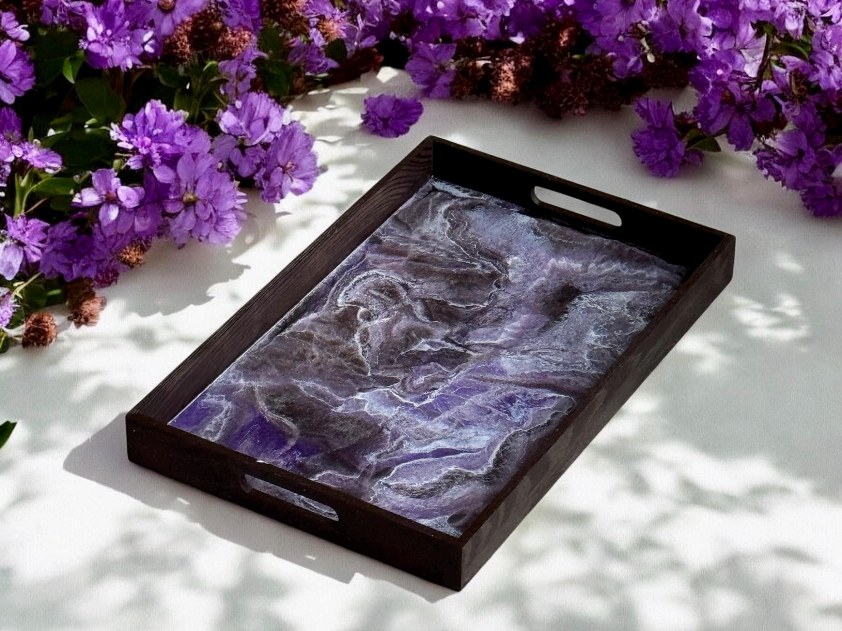 Purple and Brown Wood & Epoxy Resin Tray, Handmade Geode Design, 3 ...