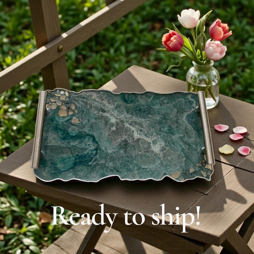 7x12 Rectangle Teal and Silver Epoxy Resin Tray, Silver Handles ...