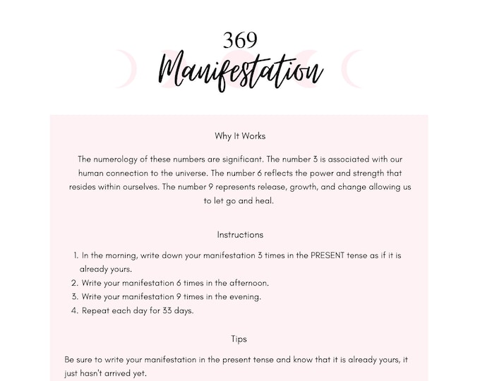 369 Manifestation Method Worksheet Printable Instant Download - Etsy Canada