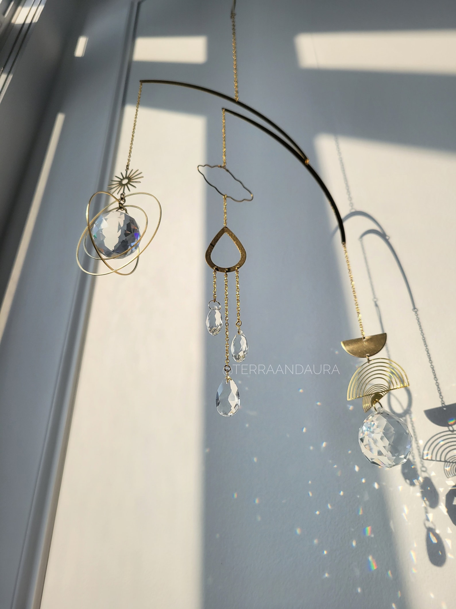 KOSMOS Brass Kinetic Mobile Rain Cloud, Sun + Rainbow Suncatcher, Gold ...