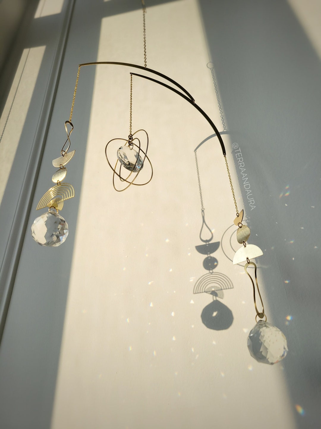 SPECTRA Brass Kinetic Mobile Crystal Suncatcher, Gold Geometric Prism ...