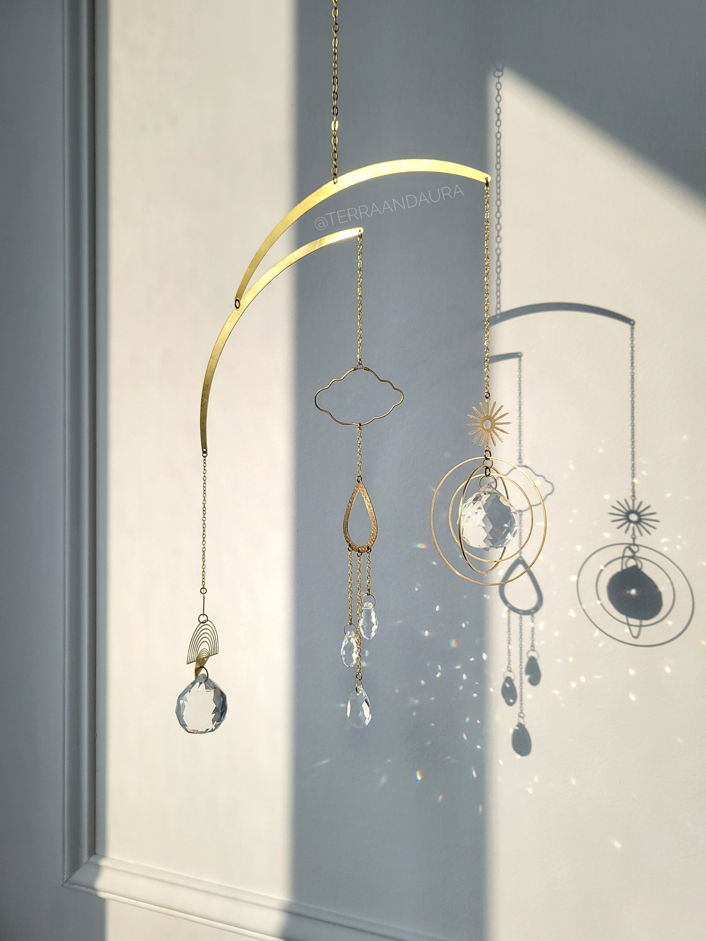 KOSMOS Brass Kinetic Mobile Rain Cloud, Sun + Rainbow Suncatcher, Gold ...