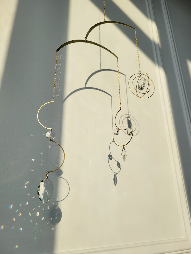 PARABOLA Brass Kinetic Mobile Crystal Suncatcher, Gold Geometric Prism ...