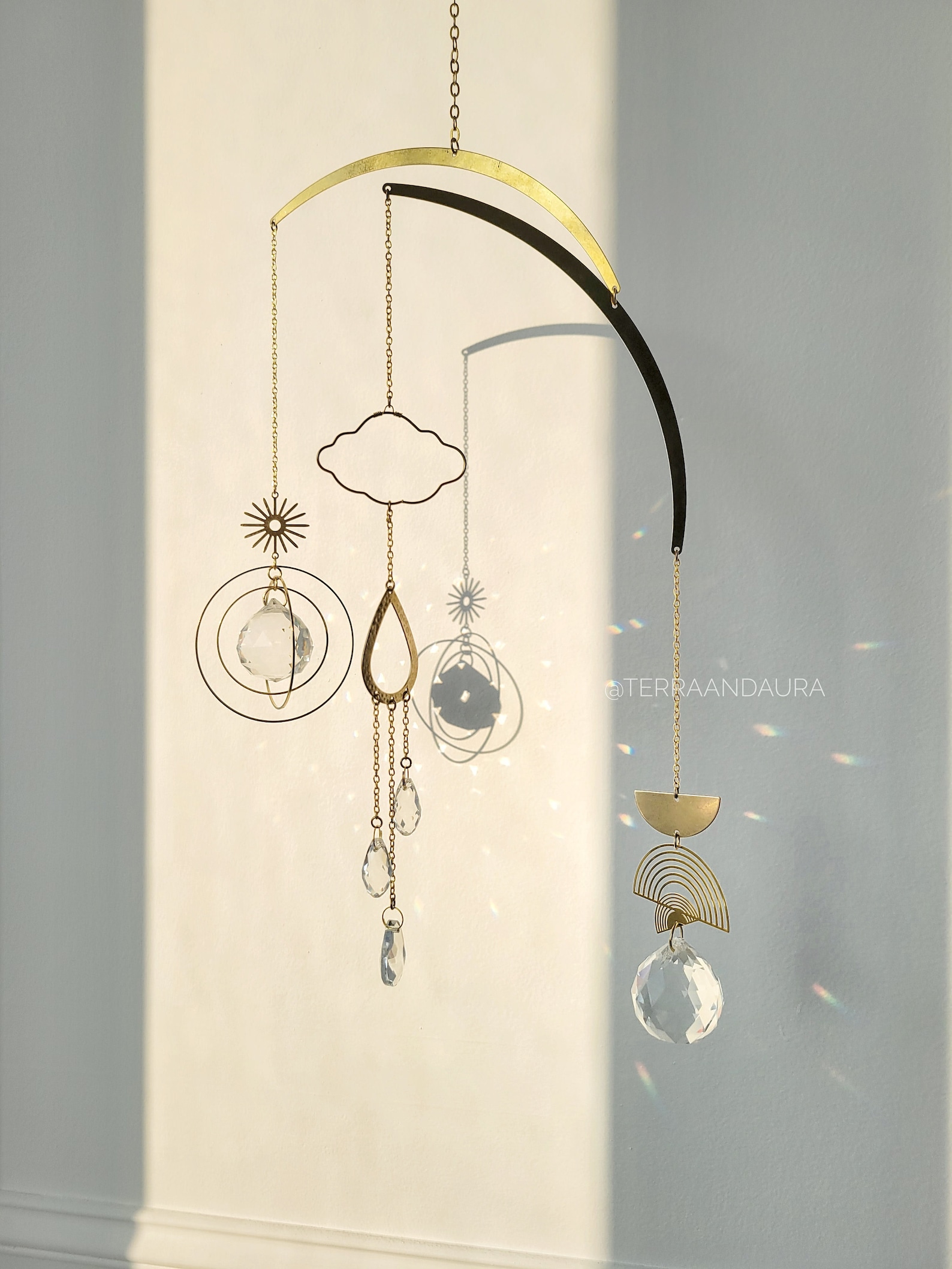 KOSMOS Brass Kinetic Mobile Rain Cloud, Sun + Rainbow Suncatcher, Gold ...