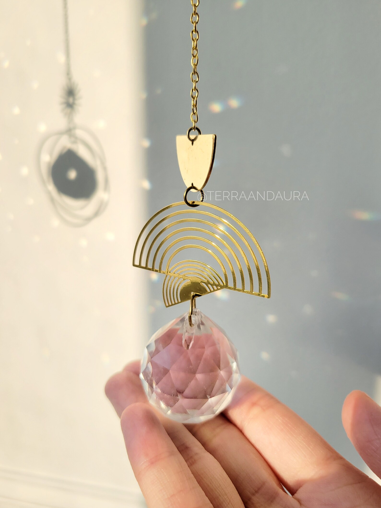 KOSMOS Brass Kinetic Mobile Rain Cloud, Sun + Rainbow Suncatcher, Gold ...