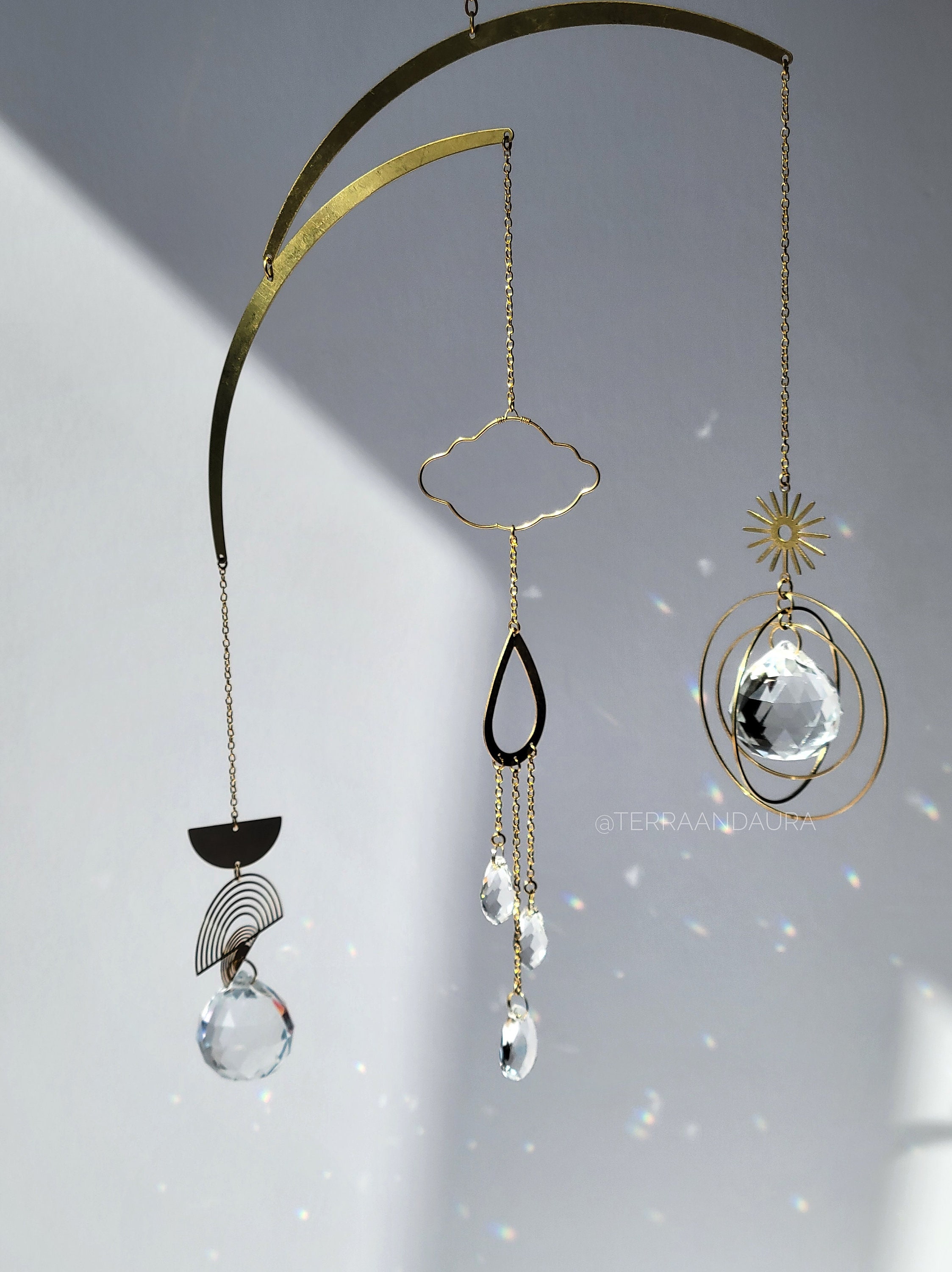 KOSMOS Brass Kinetic Mobile Rain Cloud, Sun + Rainbow Suncatcher, Gold ...