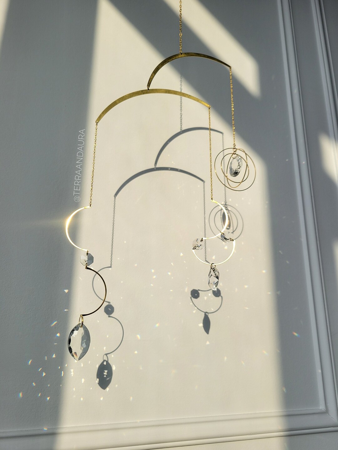 PARABOLA Brass Kinetic Mobile Crystal Suncatcher, Gold Geometric Prism ...