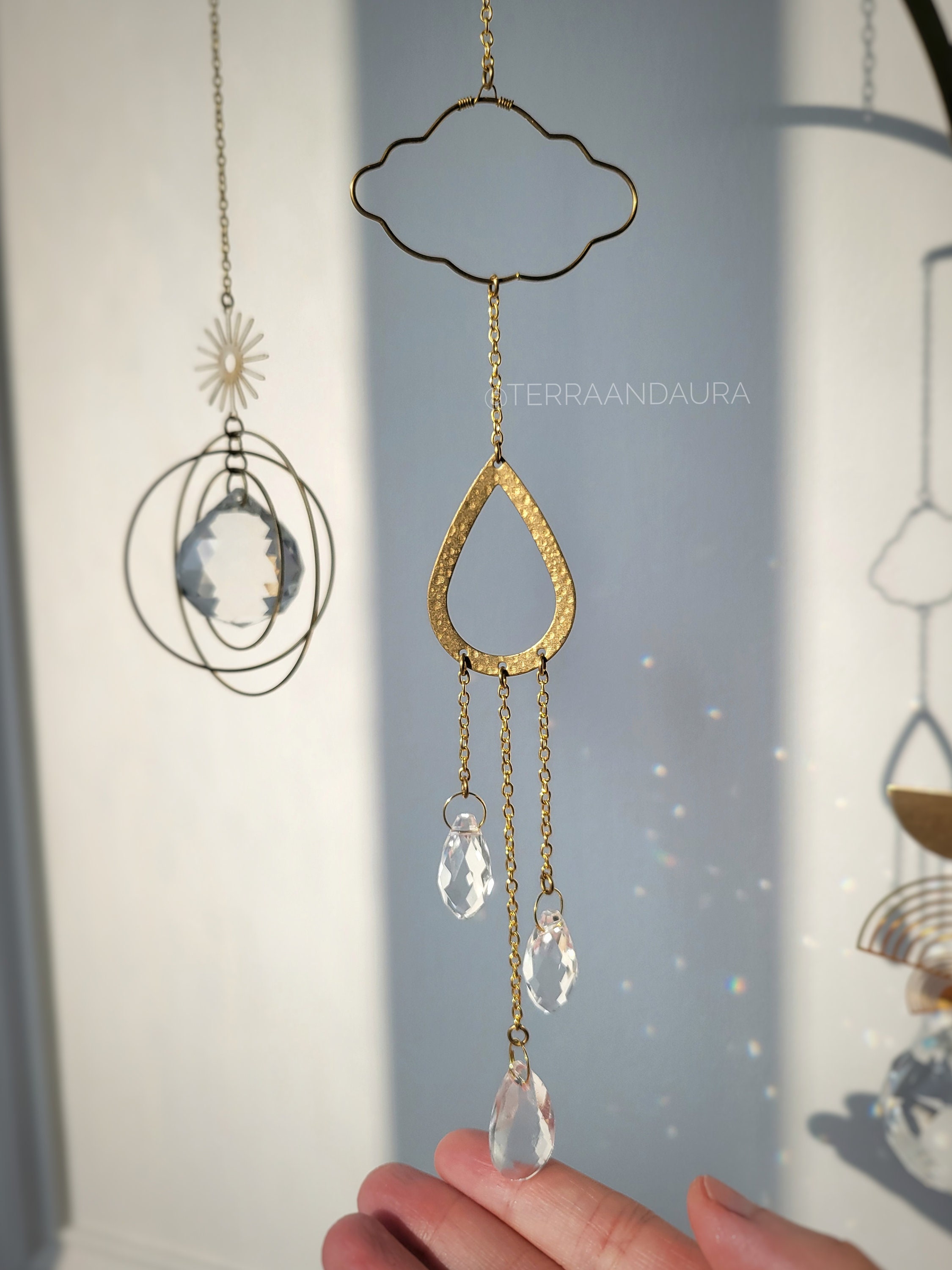 KOSMOS Brass Kinetic Mobile Rain Cloud, Sun + Rainbow Suncatcher, Gold ...